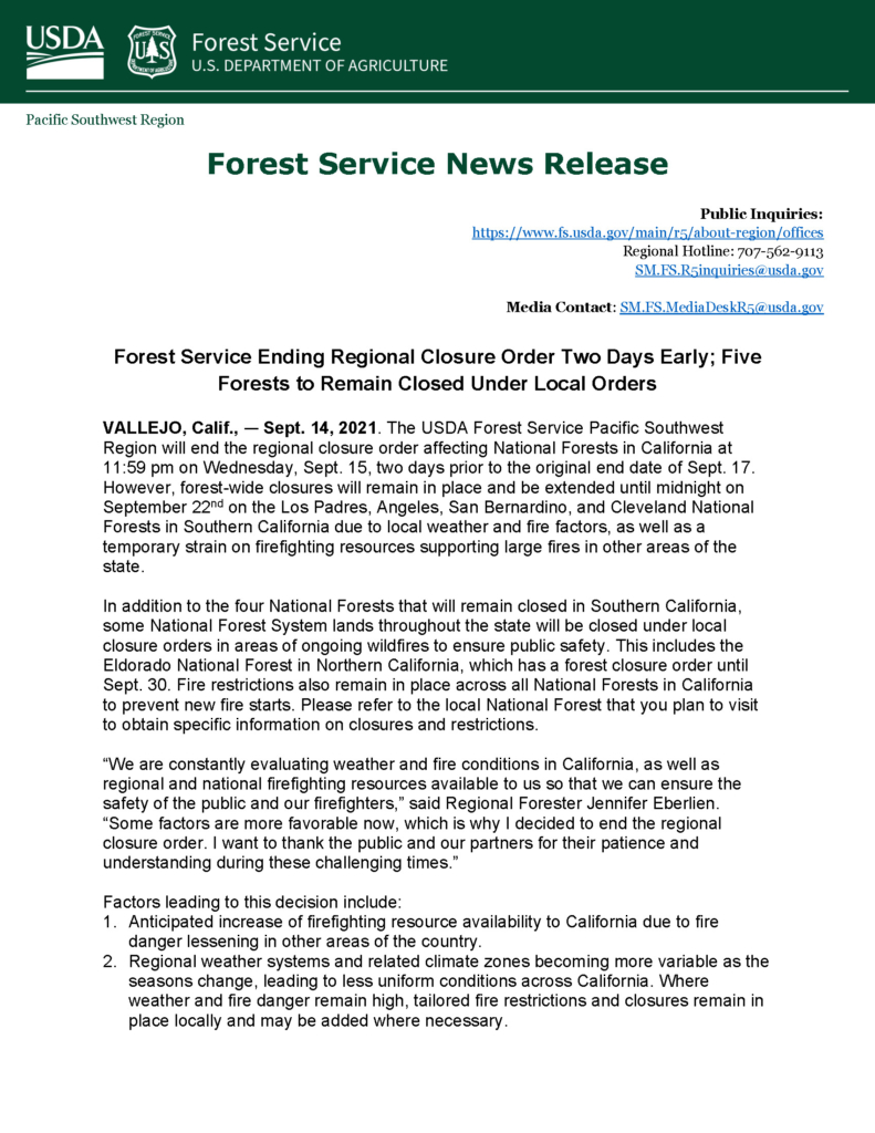 Forest Service Ending Regional Closure Order Two Days Early; Five ...